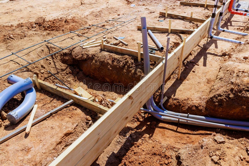 Construction Site Shows Underground Plumbing Foundation Preparation ...