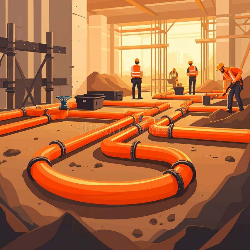 Construction Site Shows Workers in Safety Gear Installing Large Orange ...