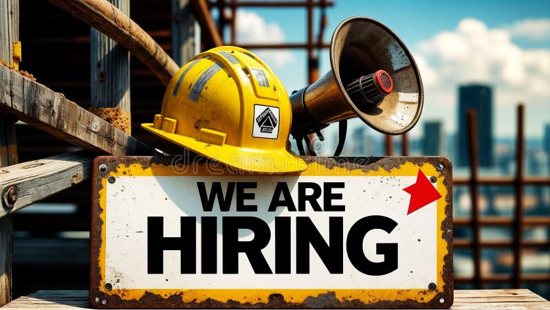 A Construction Site with a Sign Word Text "we are HIRING" and Hardhat ...