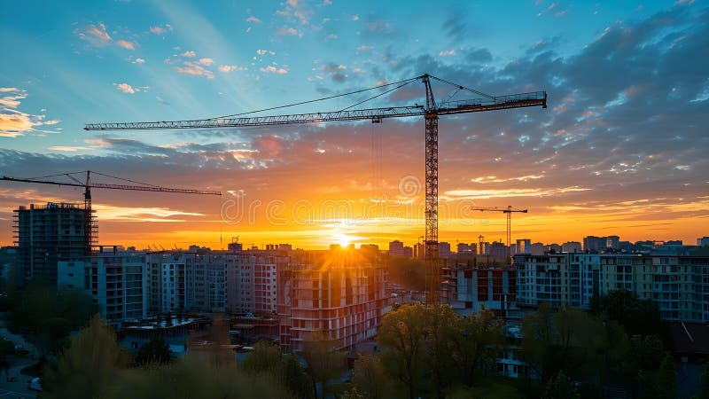 Construction Site Silhouetted Against a Sunset Sky. Concept ...