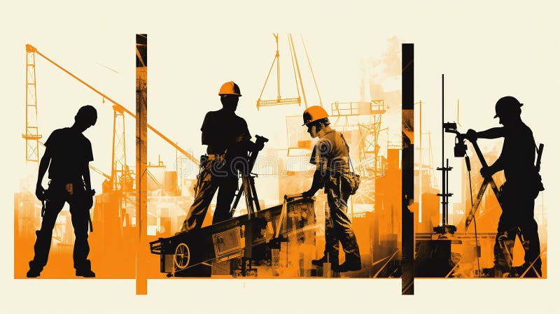 Construction Site. Silhouettes of Construction Workers on Building Site ...