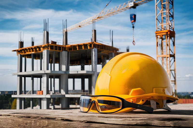 Construction Site with Skeletal Building Structure, Crane, Hard Hat ...