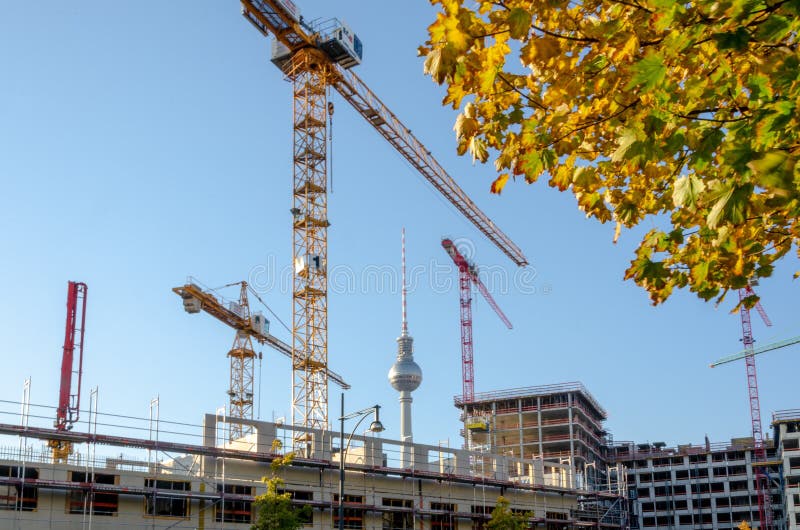 Construction Site Skyline with Atumn Trees Stock Image - Image of ...