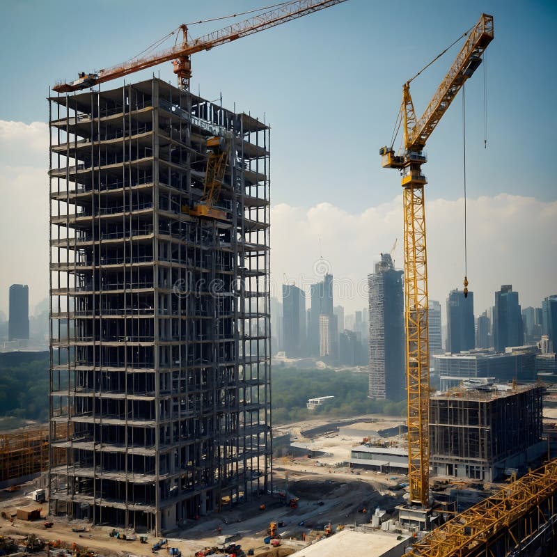 Construction Site Scene Workers Steel Beams Scaffolding Structure Stock ...