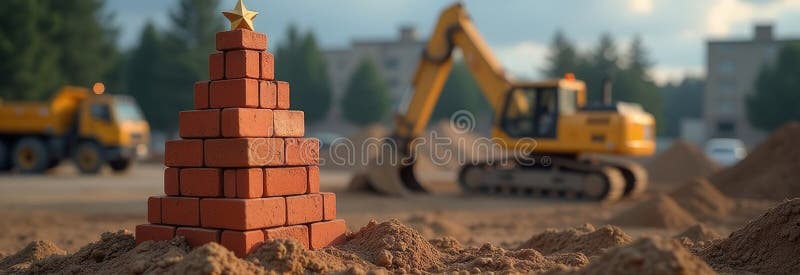 Construction Site with Small Brick Pyramid and Excavator Working at ...