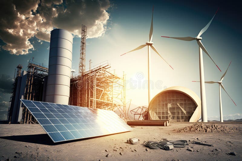 Construction Site with Solar Energy Panels and Wind Turbines Stock ...
