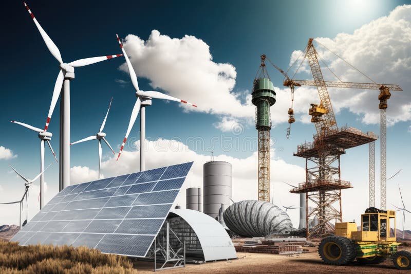 Construction Site with Solar Panels, Wind Turbines, and Other Green ...