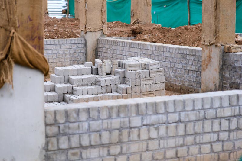 Construction Site Stacked Bricks Foundation Walls Stock Photos - Free ...