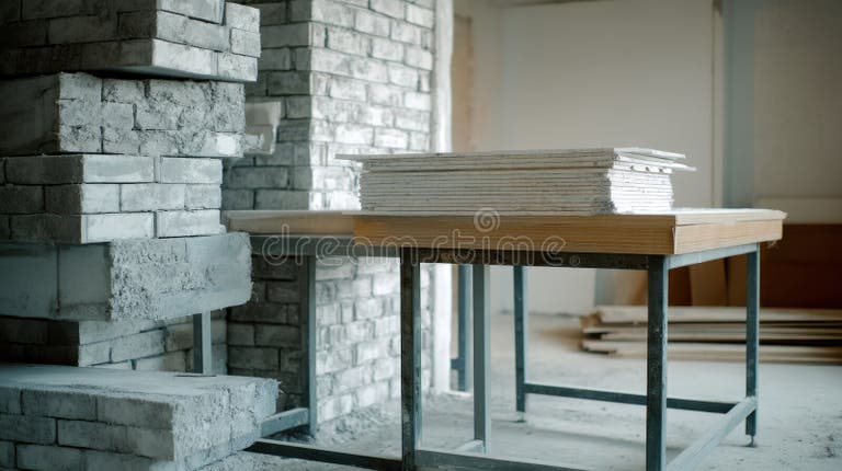 Construction Site with Stacked Bricks and Wooden Boards Indoors Stock ...