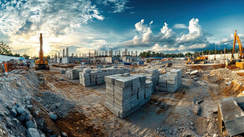 Construction Site with Stacked Materials and Machinery Stock ...