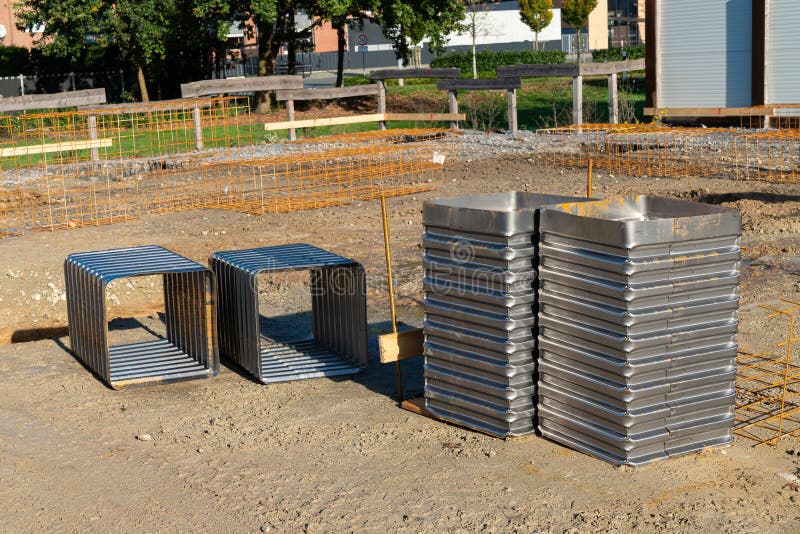 Construction Site with Stacked Steel Forms and Reinforcement Bars Stock ...