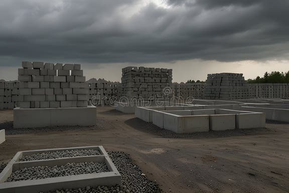 Construction Site with Stacks of Concrete Blocks Under a Cloudy Sky ...