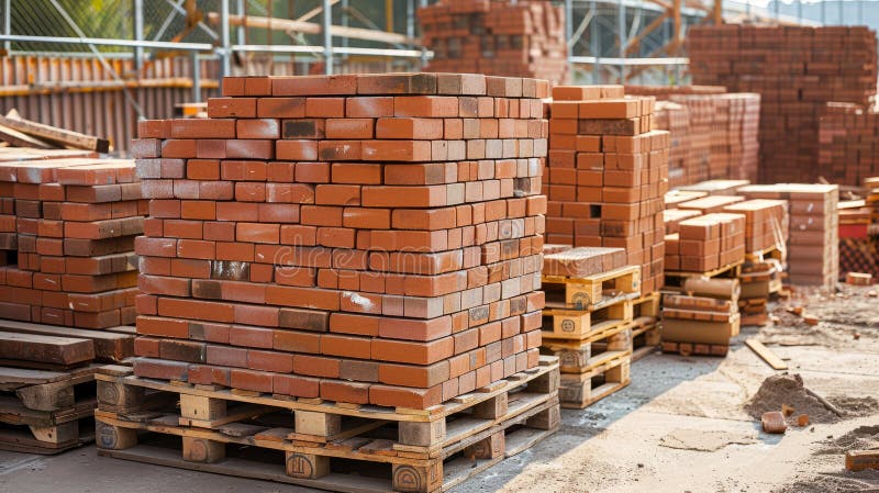 Construction Site with Stacks of Red Bricks and Wooden Pallets Stock ...