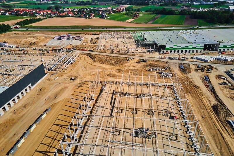 Construction Site with Steel Frame Structure of Warehouse Building ...