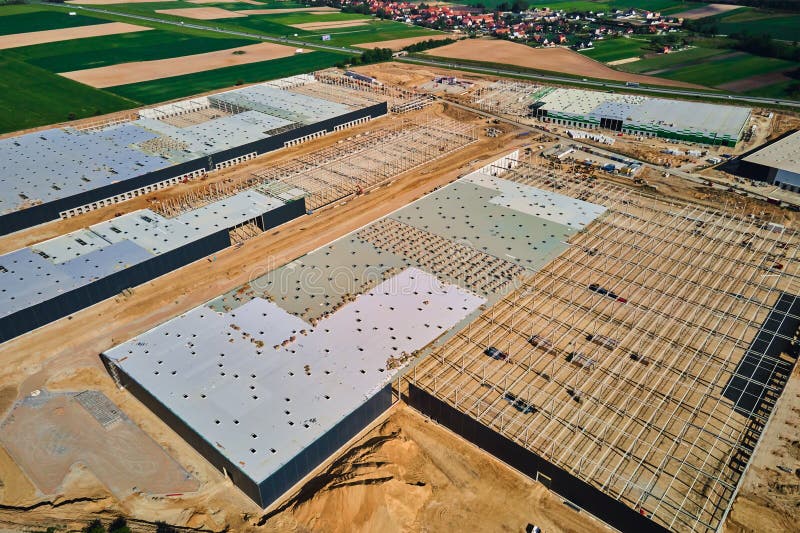 Construction Site with Steel Frame Structure of Warehouse Building ...