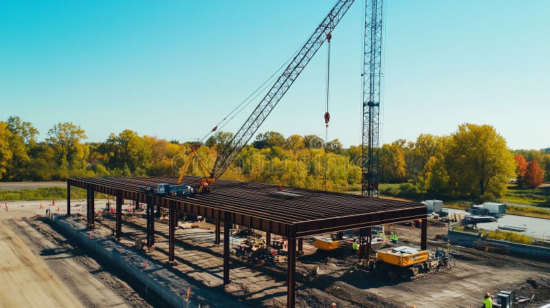 Construction Site with a Steel Framework Being Erected, Supported by ...
