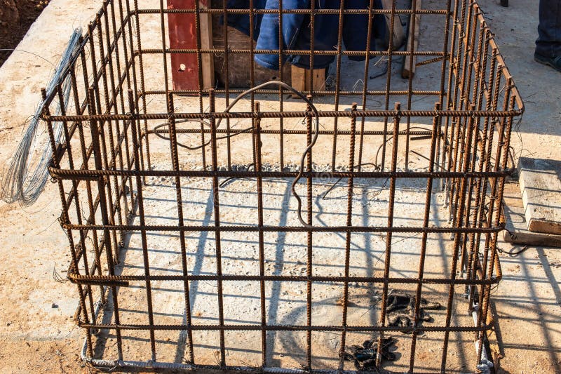 Construction Site with Steel Reinforcement Cage for Concrete Foundation ...