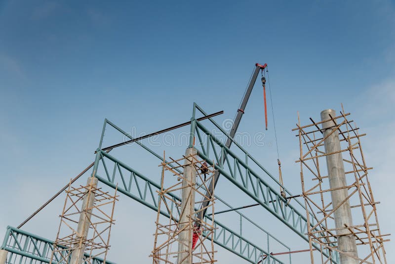 Construction Site with Steel Structure and Crane Stock Photo - Image of ...