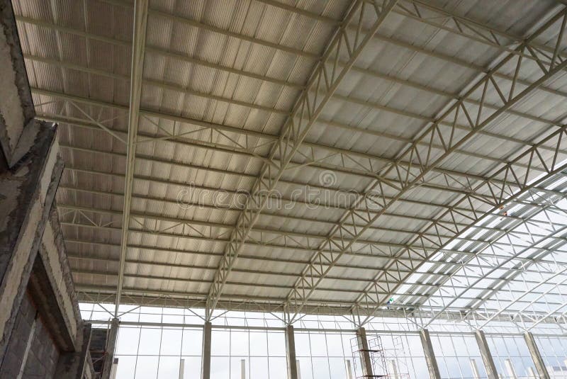 Construction Site : Steel Structure of Rooftop in Factory Warehouse ...