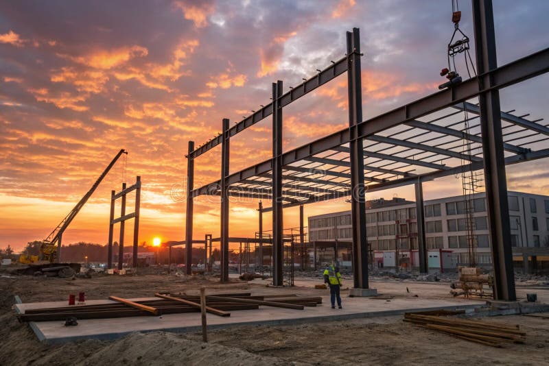 Construction Site with Steel Beams and Sunset Stock Illustration ...