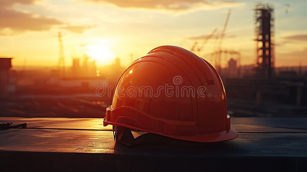 Construction Site at Sunrise: Safety Helmet Against Urban Development ...
