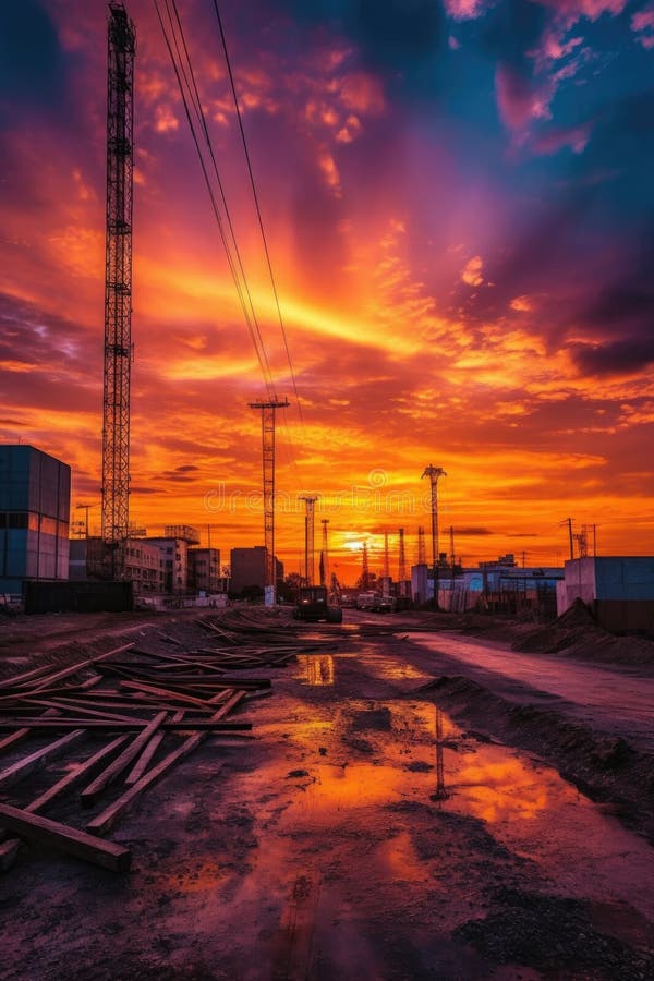 Construction Site during Sunset with Beautiful Sky Background Stock ...