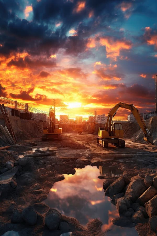 Construction Site during Sunset with Beautiful Sky Background Stock ...
