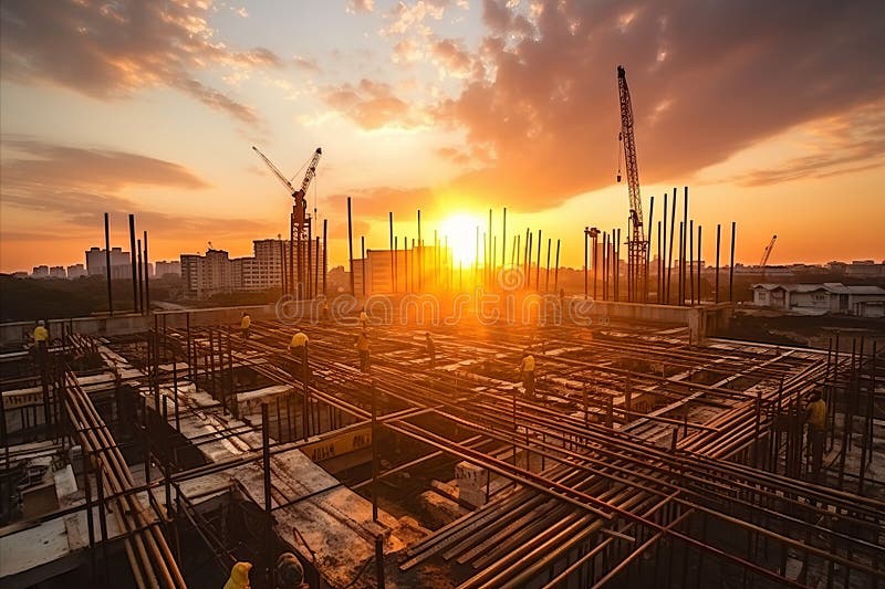 Construction Site at Sunset, Close-up, Urban Development and ...