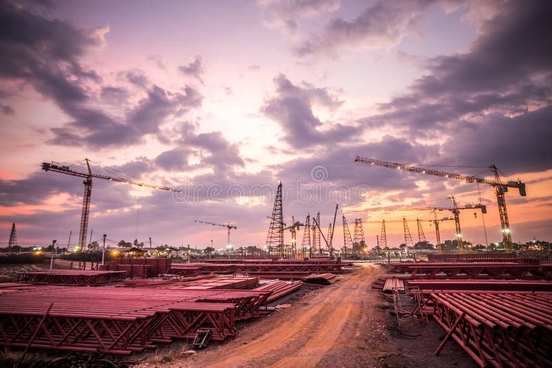 Construction Site with Sunset Stock Photo - Image of business, metal ...