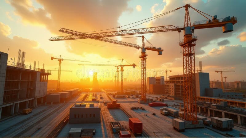 Construction Site at Sunset. Stock Illustration - Illustration of ...