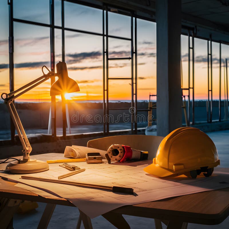 Construction Site at Sunset with Desk, Tools, Blueprints, and Hard Hat ...