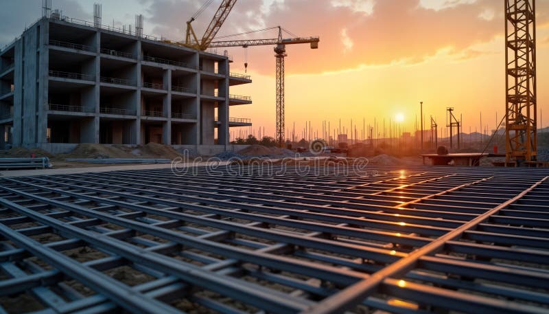 Construction Site at Sunset. Partially Built Skyscraper. Steel Flooring ...