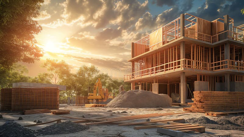 A Construction Site at Sunset with a Partially Built Wooden Structure ...