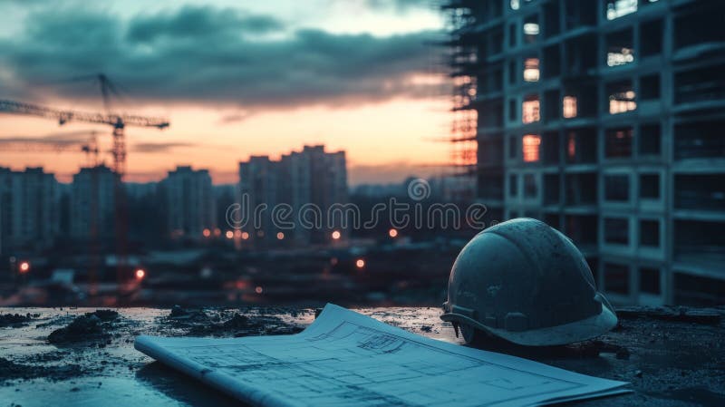 Construction Site at Sunset with Plans and Hard Hat Highlighting Real ...