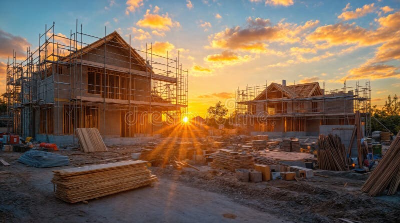 Construction Site at Sunset, with Scaffolding Structures Stock ...