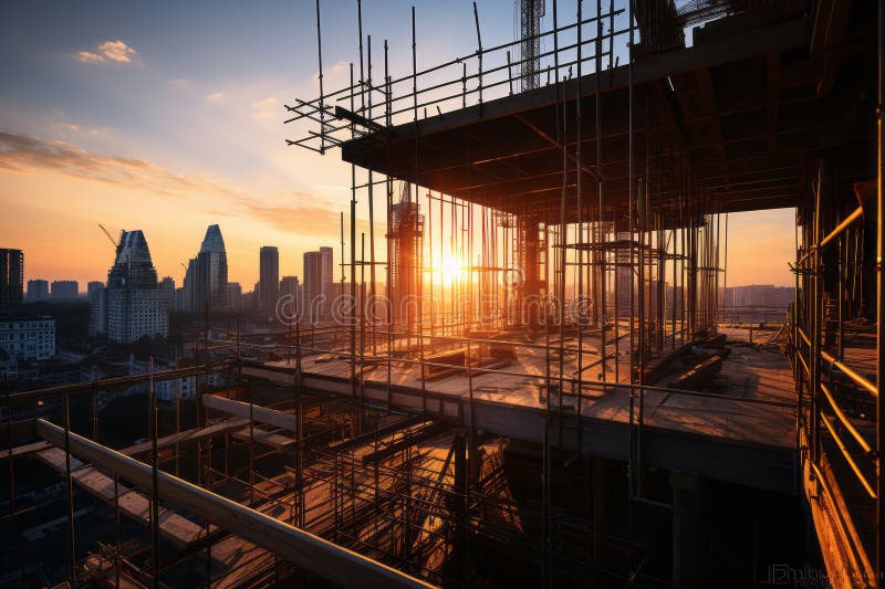 Construction Site and Sunset, Structural Steel Beam Build Large ...