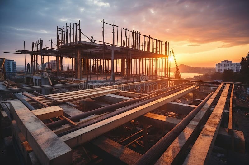 Construction Site and Sunset, Structural Steel Beam Build Large ...