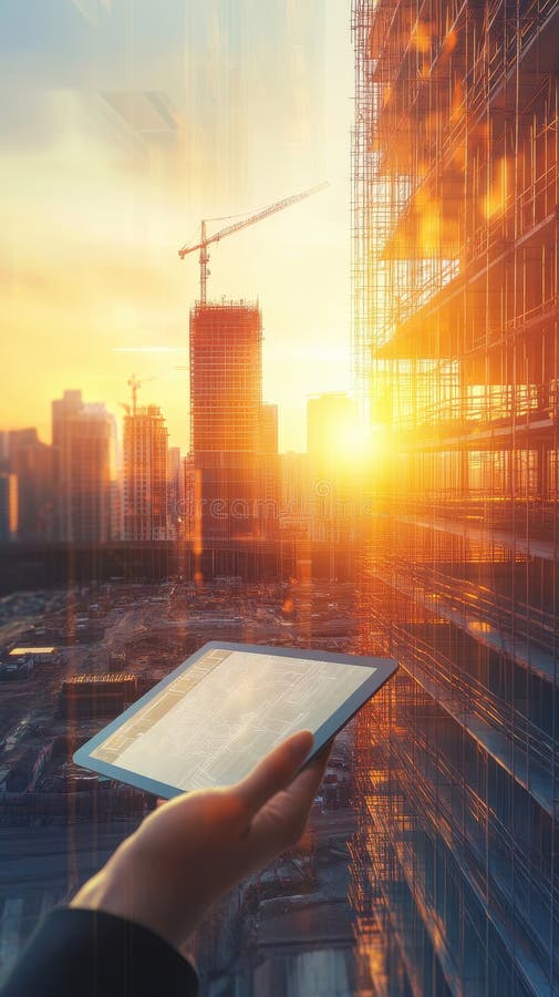 Construction Site Sunset Tablet Blueprint Review Stock Illustration ...