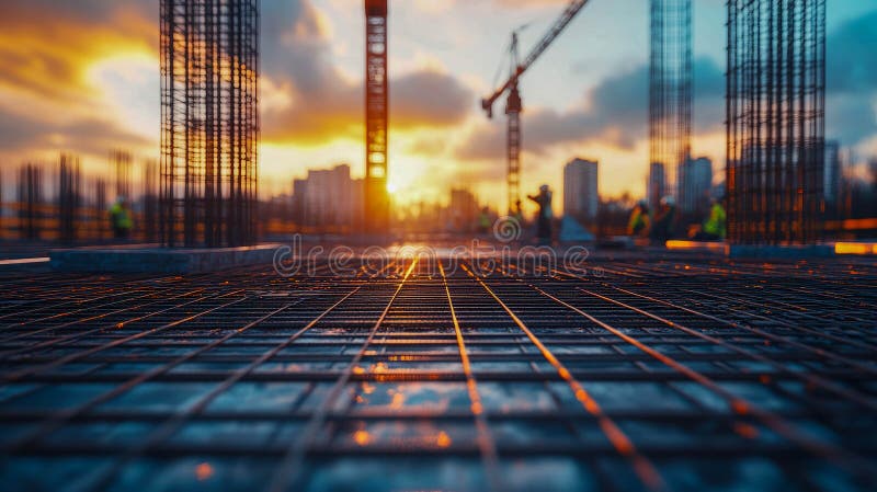 A Construction Site at Sunset. There is a Reinforcing Mesh in the ...
