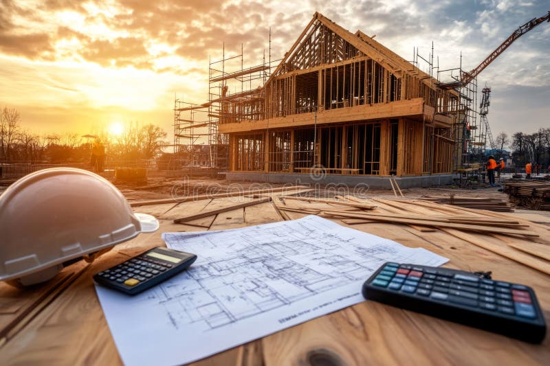 A Construction Site at Sunset with a Wooden Frame House. Blueprints Lie ...