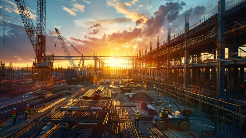 Construction Site at Sunset with Workers and Cranes, Urban Development ...