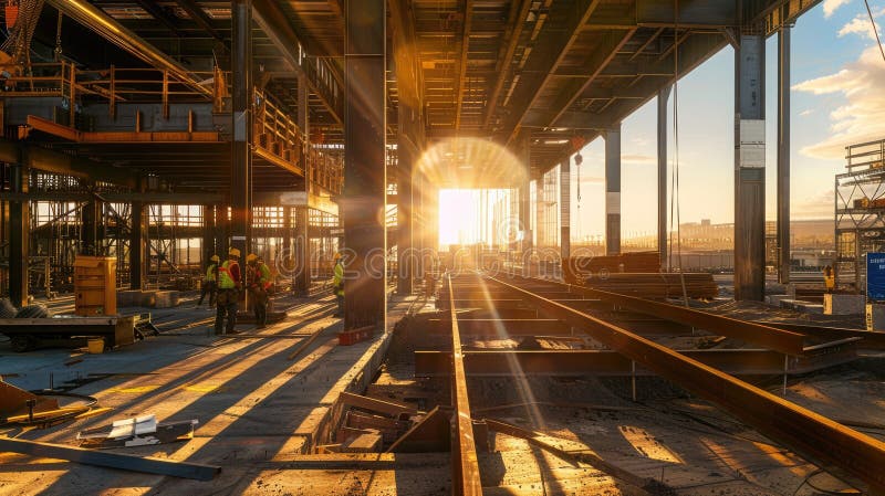 Construction Site at Sunset with Workers and Cranes, Urban Development ...