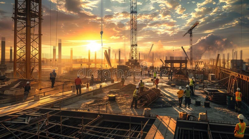 Construction Site at Sunset with Workers and Cranes, Urban Development in Progress. AIG53M Stock ...