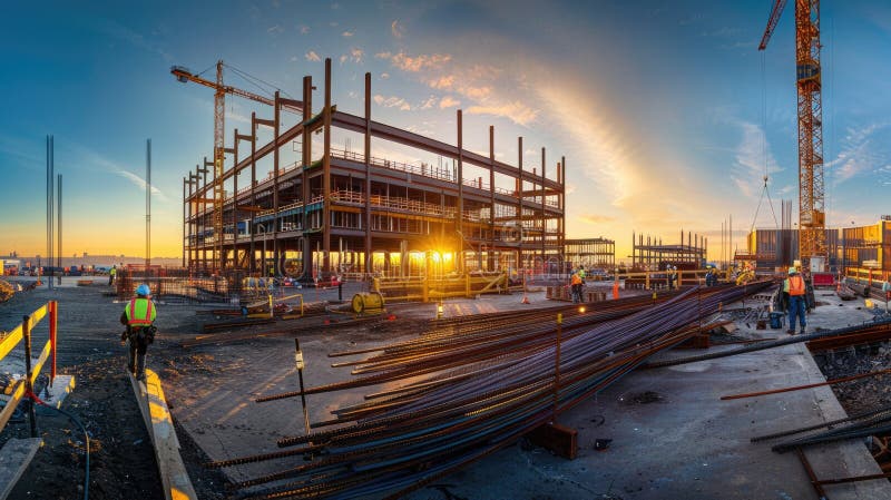 Construction Site at Sunset with Workers and Cranes, Urban Development ...