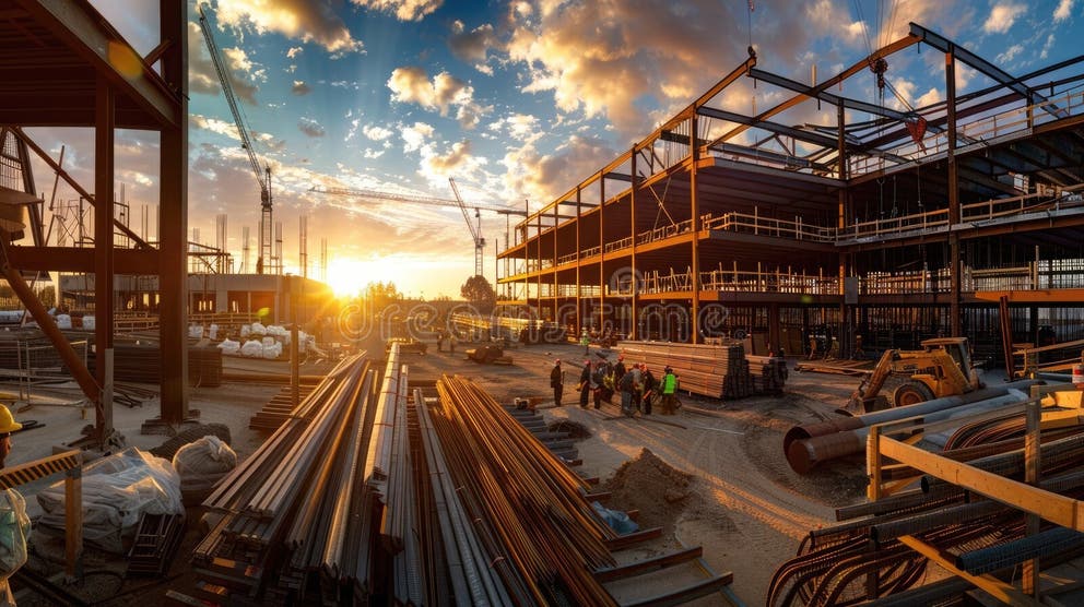 Construction Site at Sunset with Workers and Cranes, Urban Development in Progress. AIG53M Stock ...