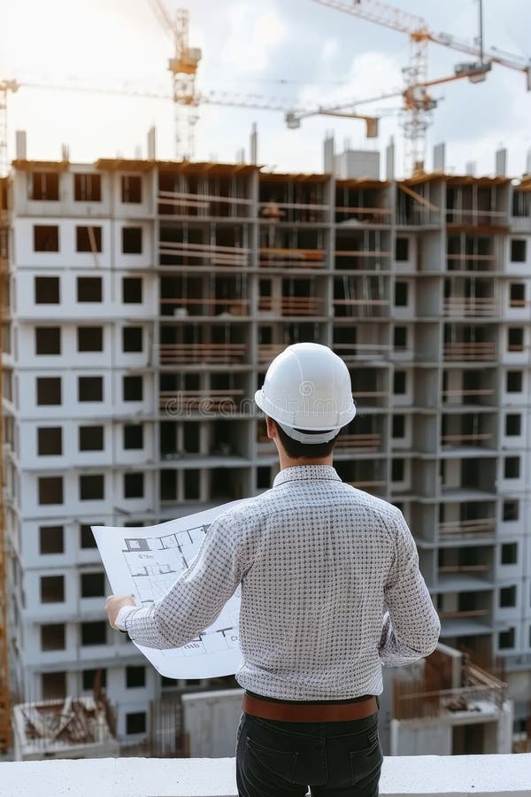 Construction Site Supervision Builder or Architect in Hard Hat ...