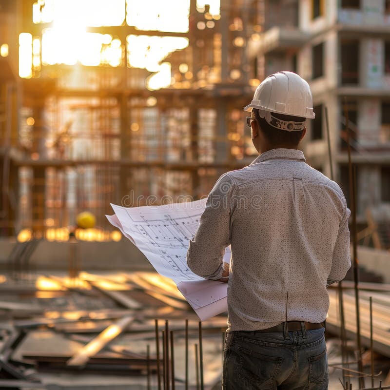 Construction Site Supervisor in Hard Hat Overseeing Project with ...