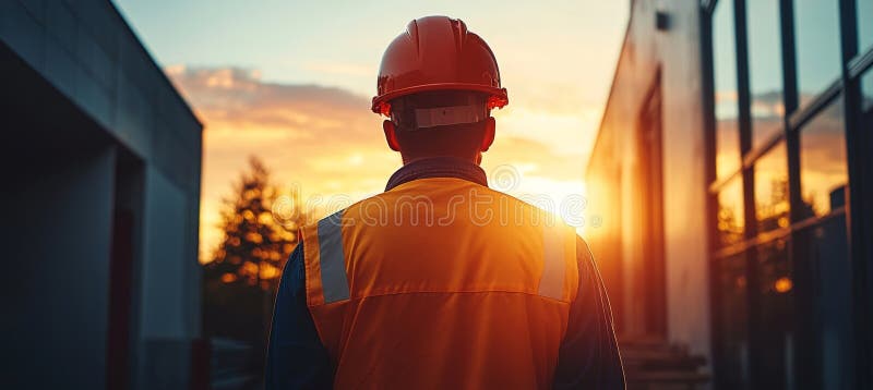 Construction Site Supervisor in Safety Helmet at Sunset a Symbol of ...