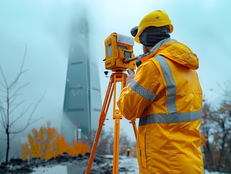 Construction Site Surveyor Using High Tech Theodolite Transit To Map ...