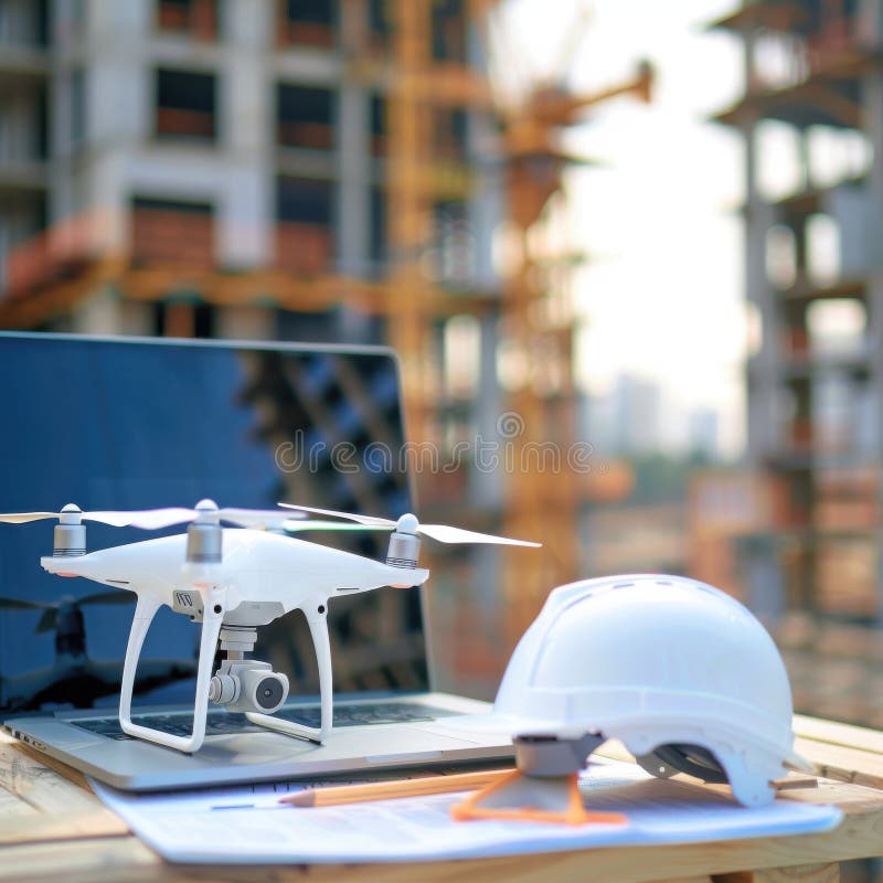 A Workspace at a Construction Site with a Helmet, Laptop, and Drone ...